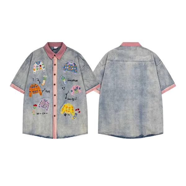 CLOUT COLLECTION ™ | Embroidered Sketch Denim Button Up with Pink Trim